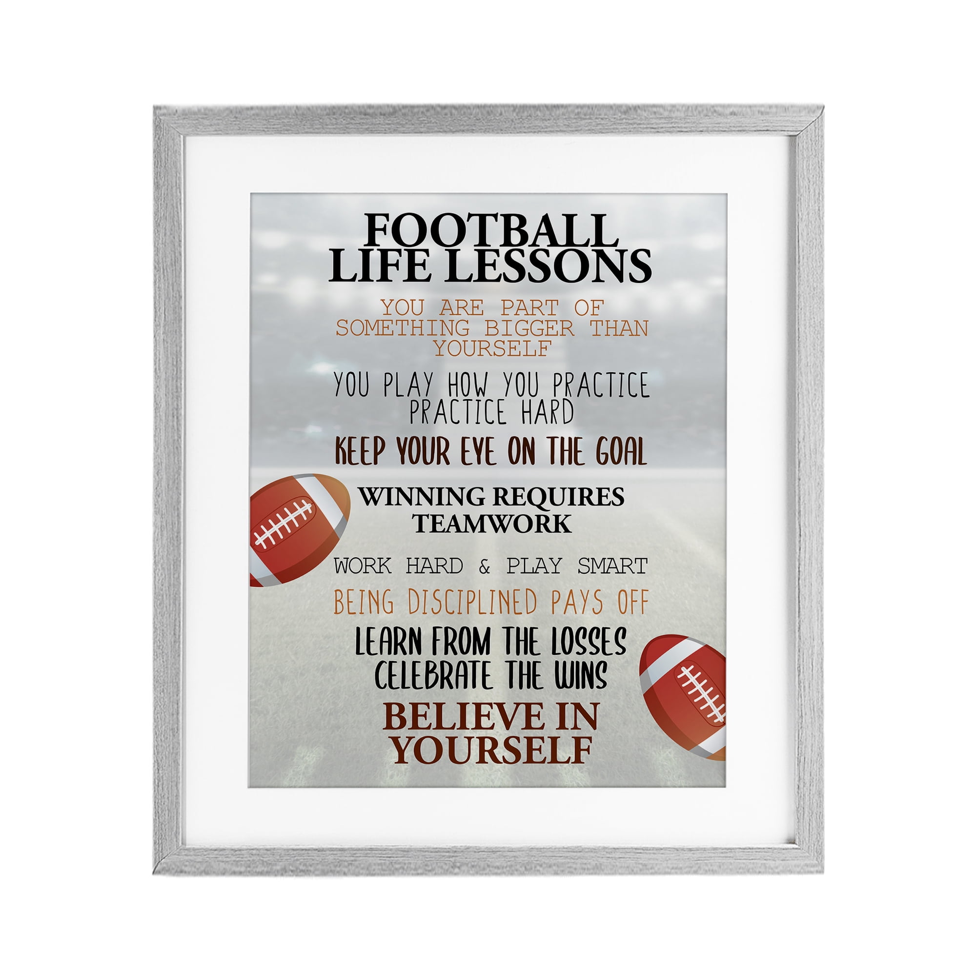 Football Life Lessons Gray Framed Print Under Glass, design by Kim ...