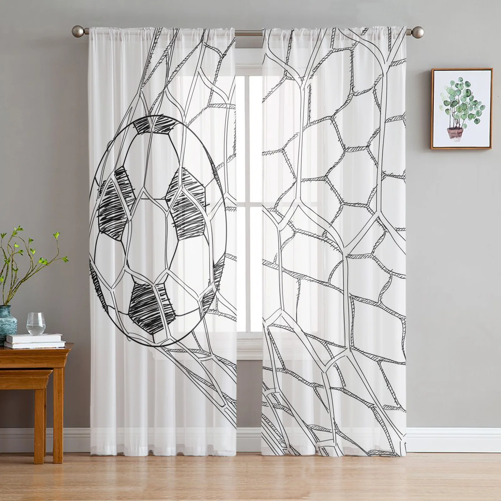 Football Net Goal Sketch Sheer Window Curtains for Bedroom The Living ...
