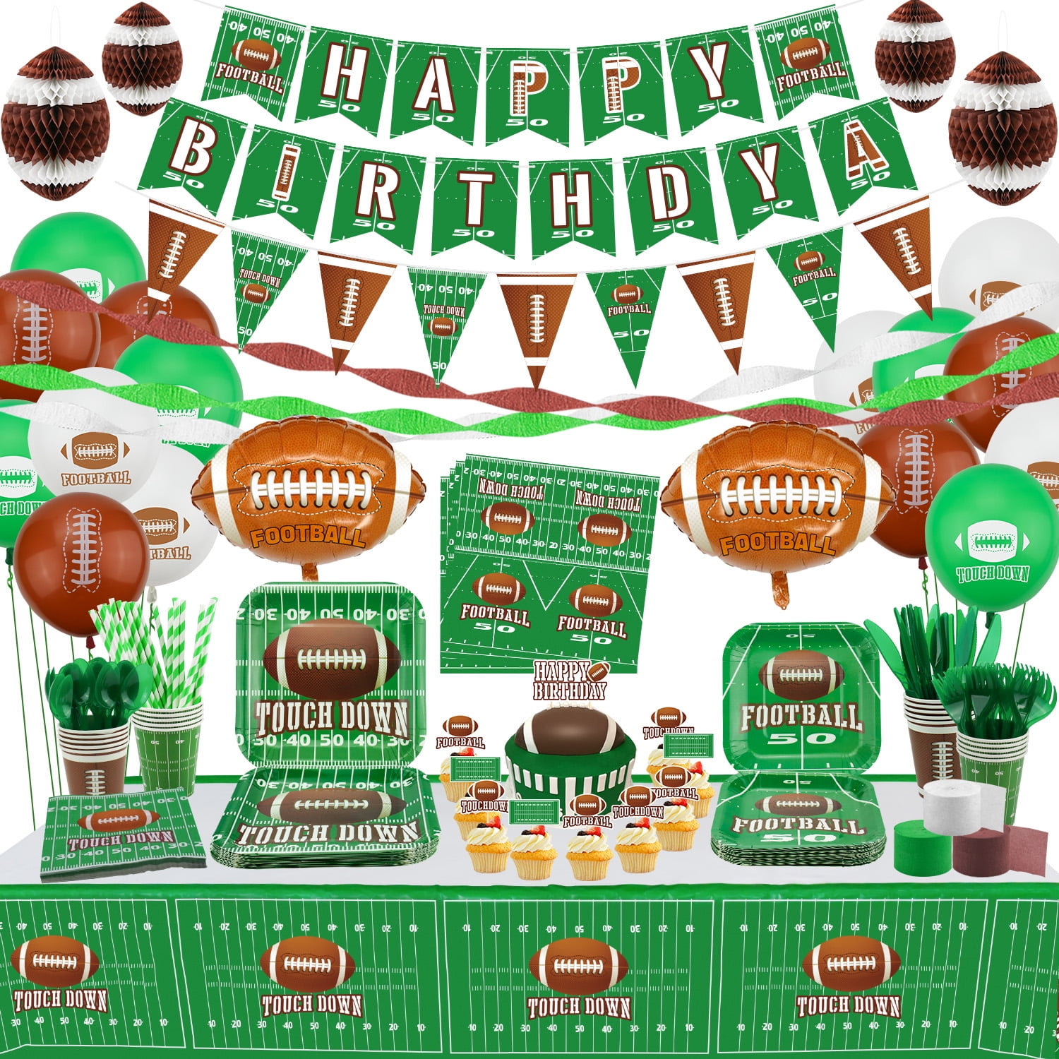 Football Party Kit - Balloons, Banner, Cake Topper, Plates, Napkins ...