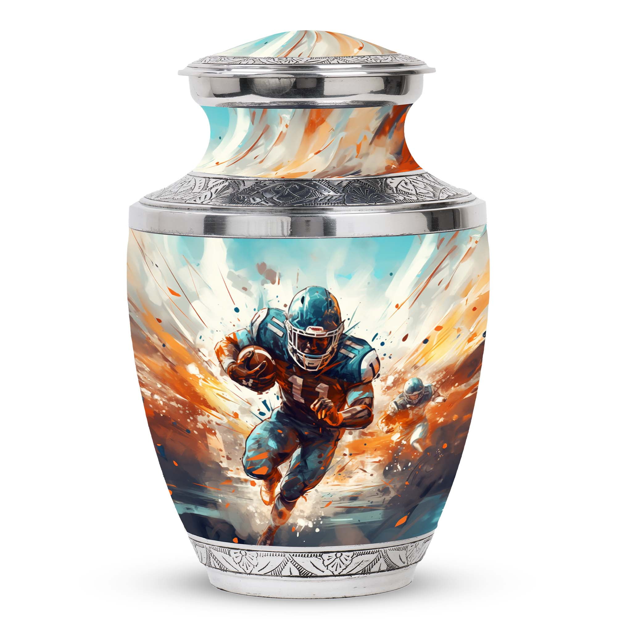 Football Player Charging Forward with Intensity Solemn Large Urn for ...
