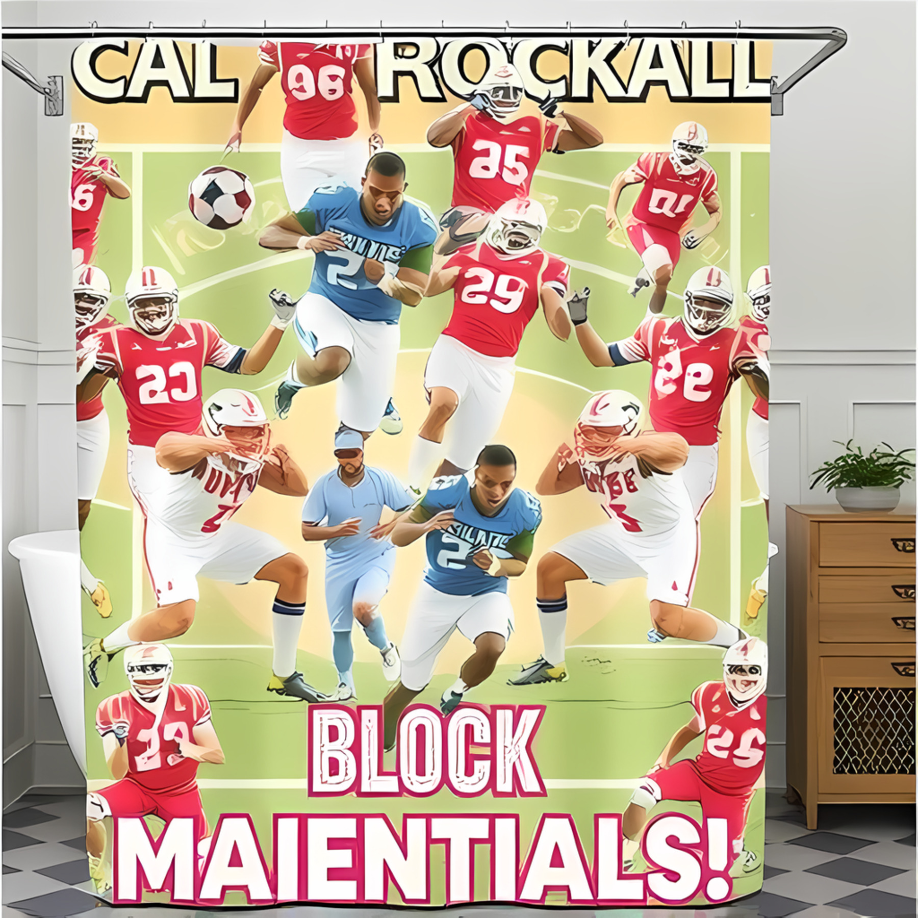 Football Players Action Shower Curtain - Red & White Uniforms Bold Pink ...