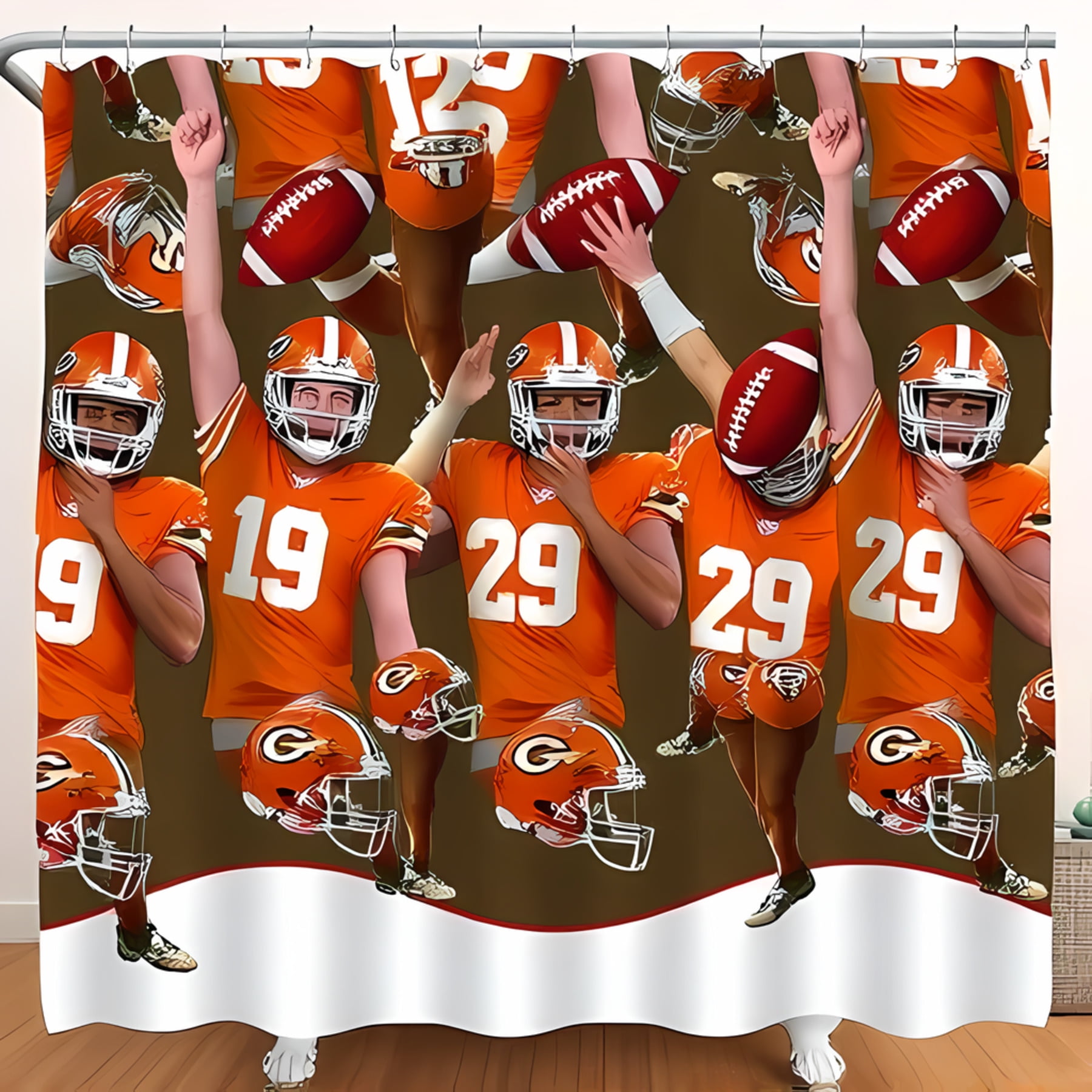 Football Players Shower Curtain - Vibrant Orange Uniforms on Brown ...