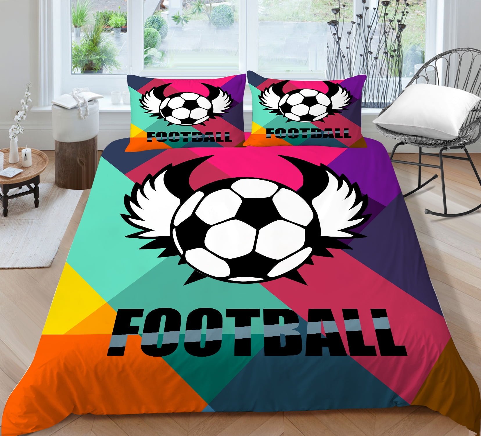 Football Print Bedding Set Boys Black White Soccer Ball Comforter Set ...