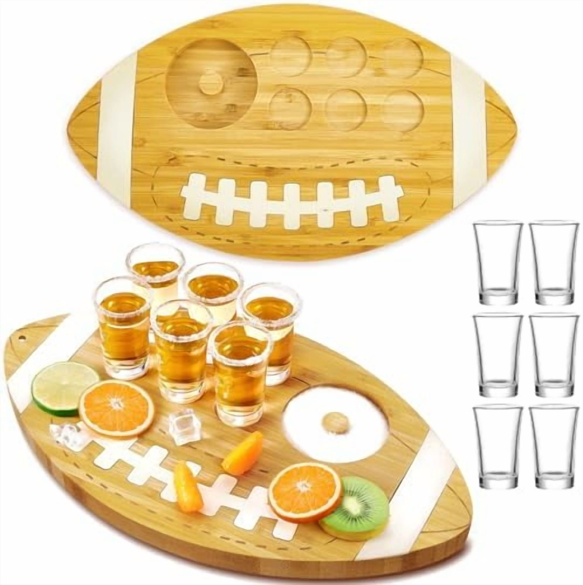Football Shaped Bamboo Wood Cutting Board Tequila Shot Board Set with 6 ...