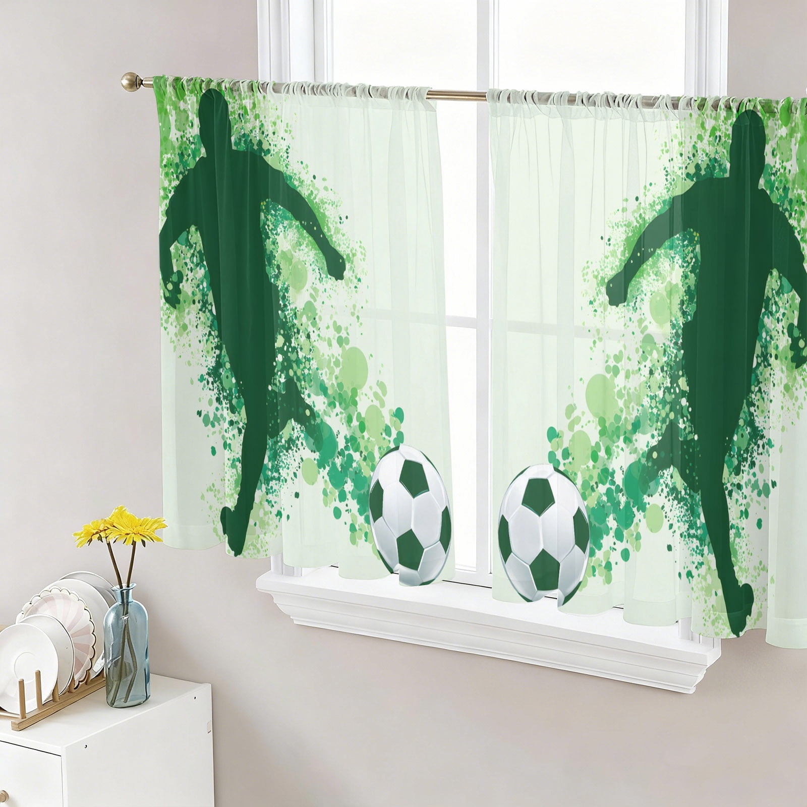 Football Sheer Curtains for Living Room Bedroom Green Player Silhouette ...