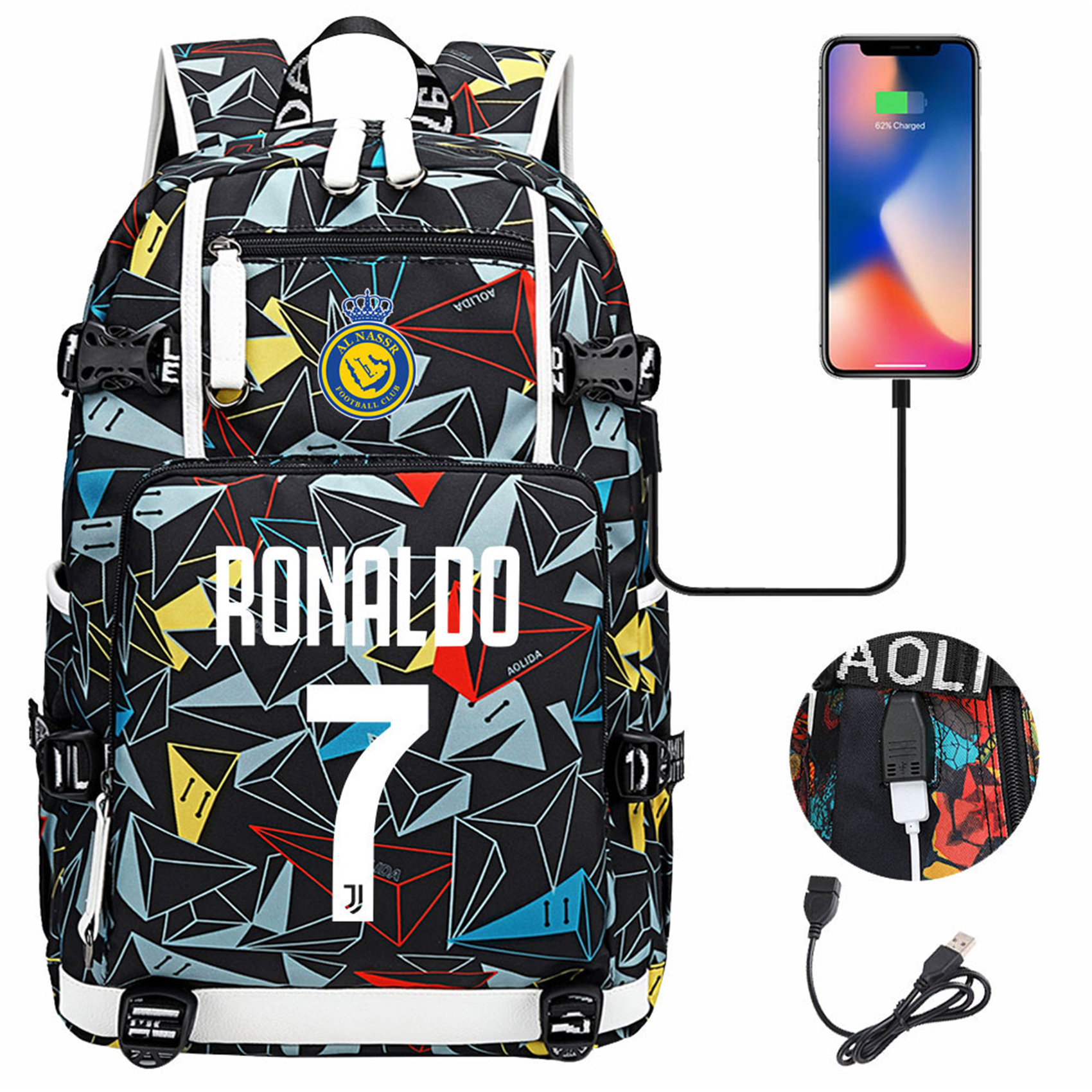 Football Star Cristiano Ronaldo Backpack with USB Charging Port Student ...