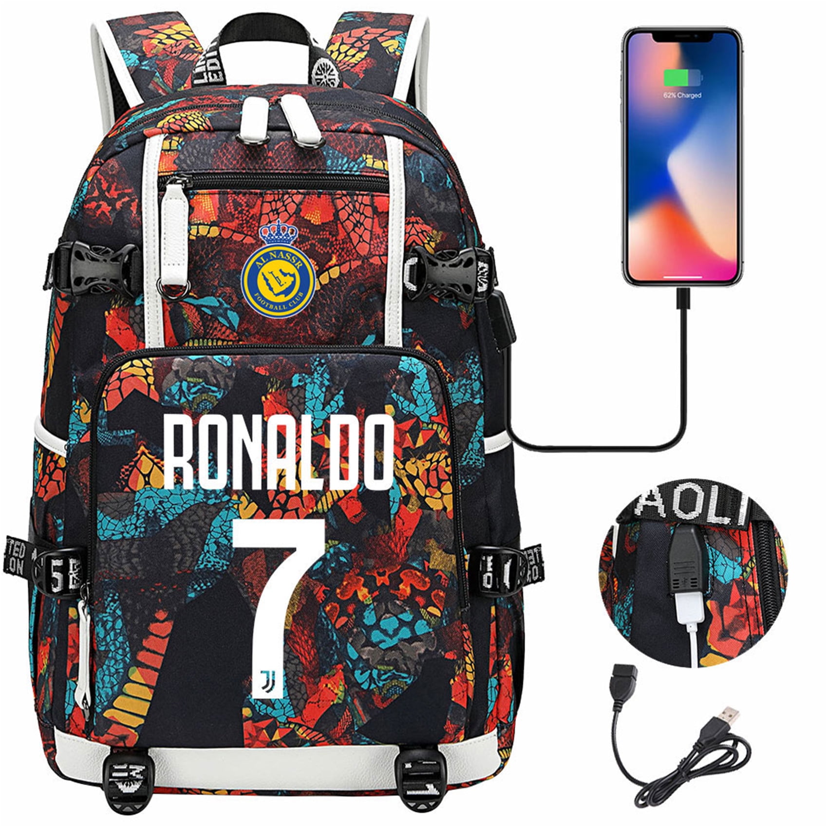 Football Star Cristiano Ronaldo Backpack with USB Charging Port Student ...