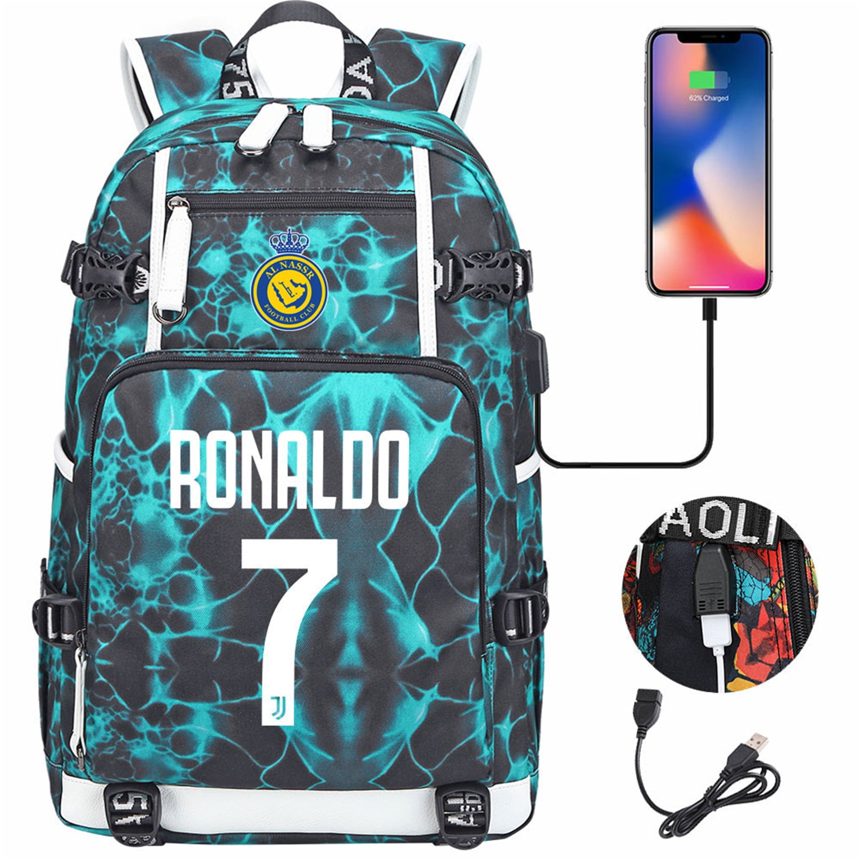 Football Star Cristiano Ronaldo Backpack with USB Charging Port Student ...