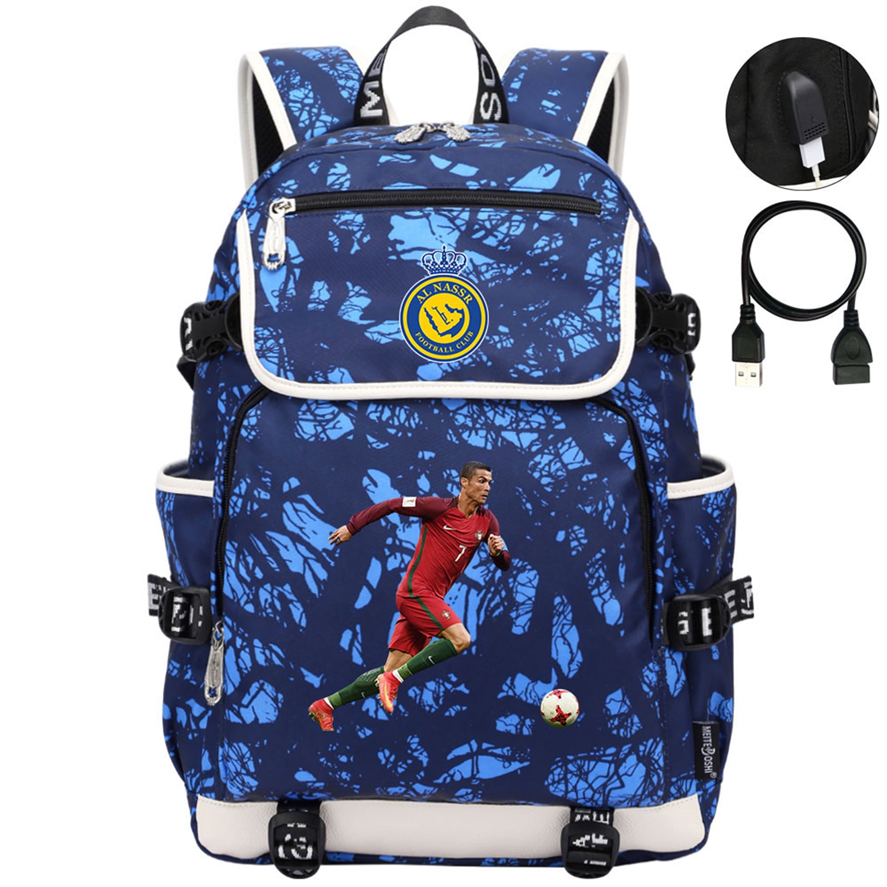 Football Star Cristiano Ronaldo Backpack with USB Charging Port-Student ...