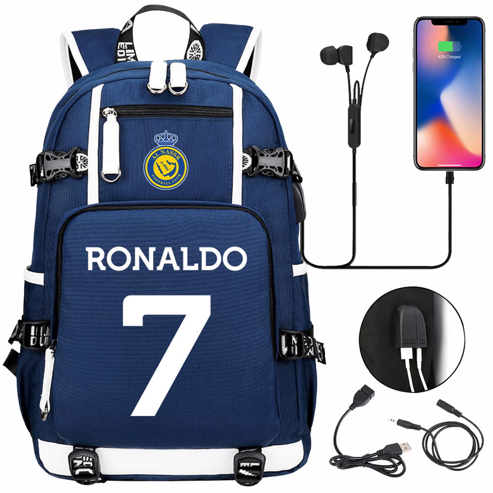 Football Star Cristiano Ronaldo Backpack with USB Charging Port Teens ...
