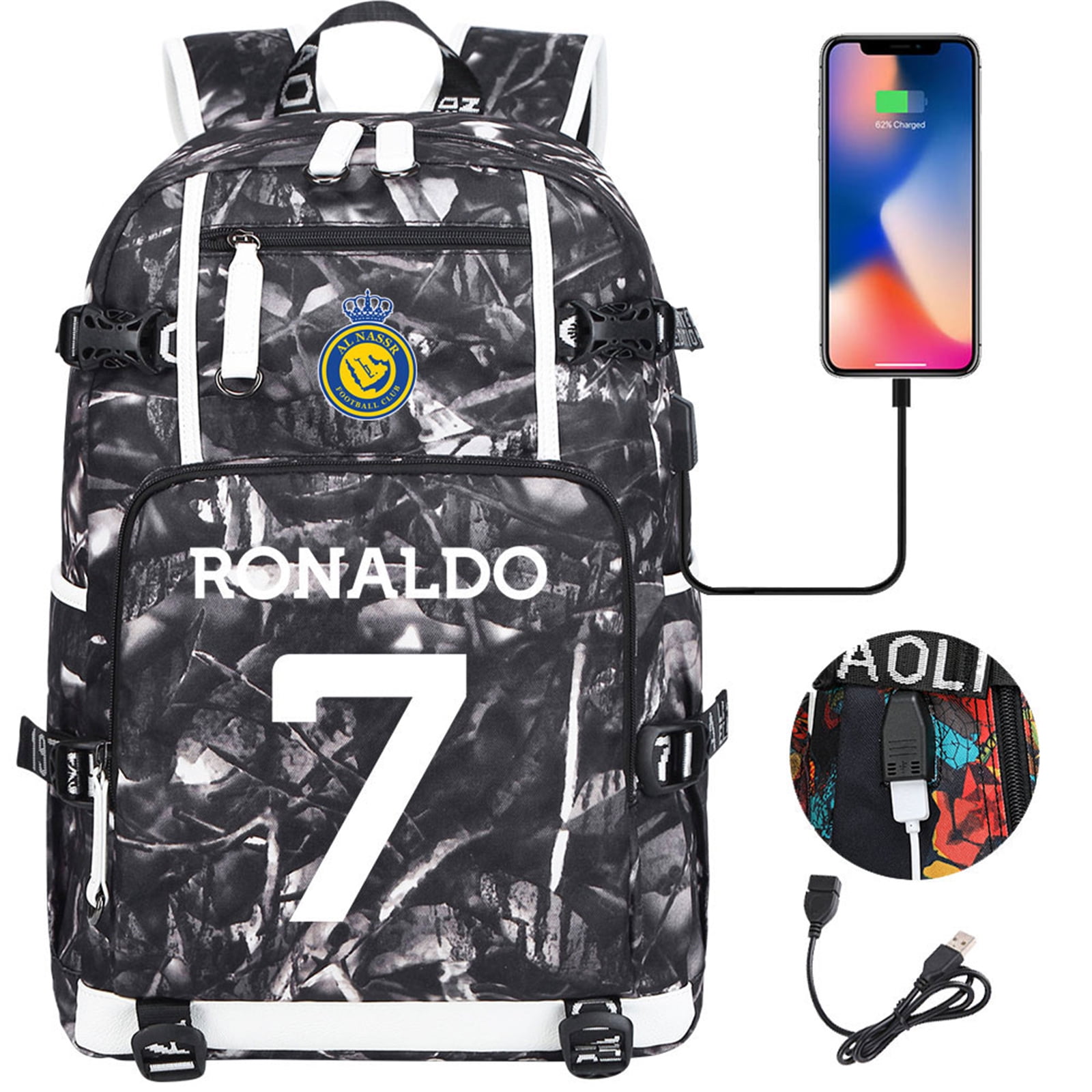Football Star Cristiano Ronaldo Backpack with USB Charging Port Teens ...