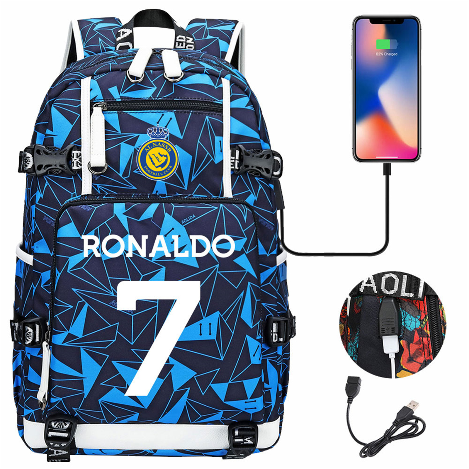 Football Star Cristiano Ronaldo Backpack with USB Charging Port Teens ...