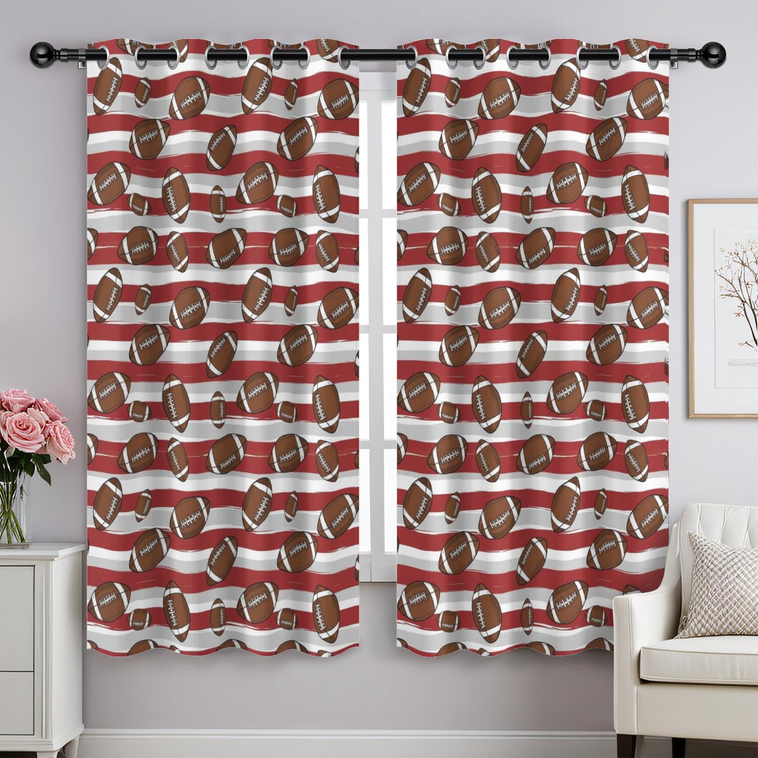 Football Stripe Red Pattern Blackout Curtains,Triple Weaved Fabric ...