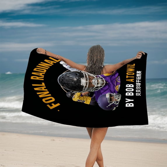 Football-Themed Bath Towel - Vibrant Players in Action Purple Yellow ...