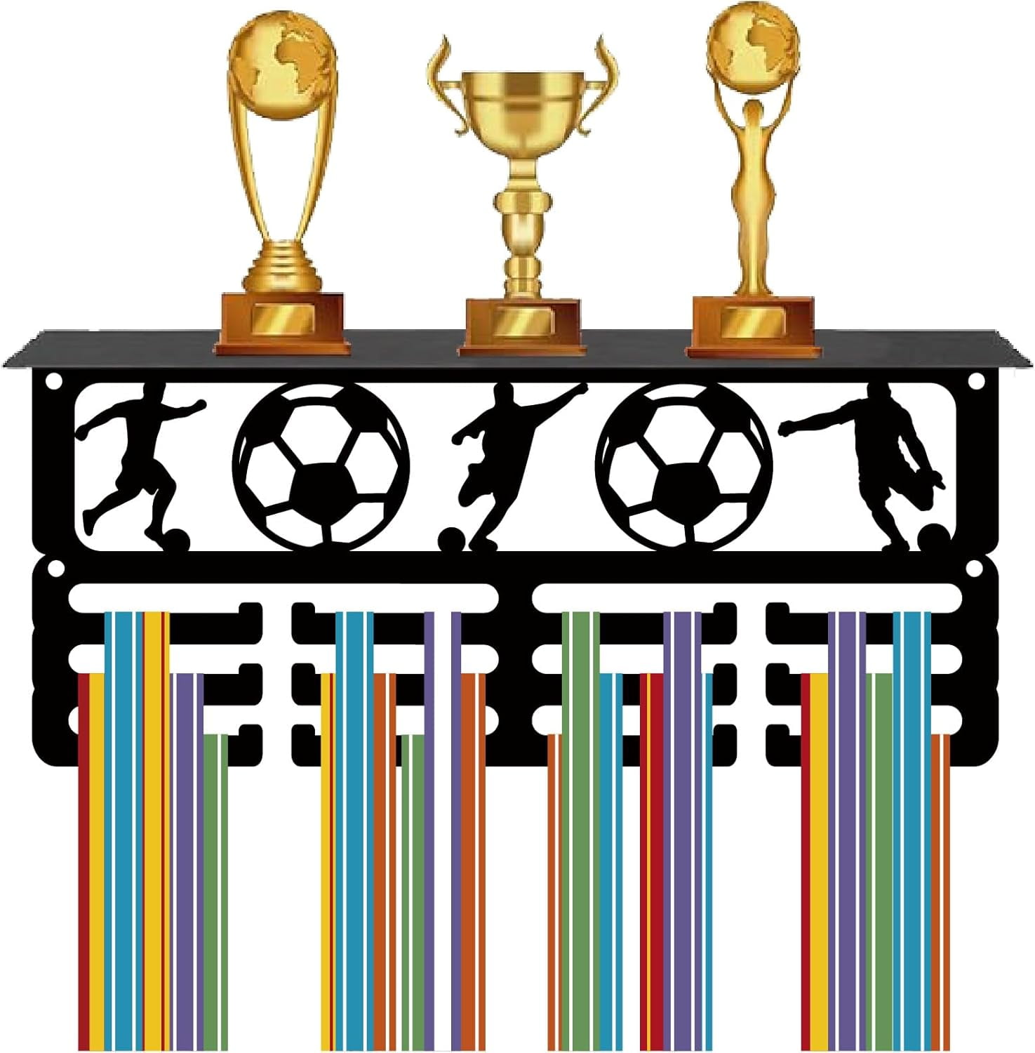 Football Trophy Shelf Medal Display Shelf with 12 Hooks Medal Hanger ...