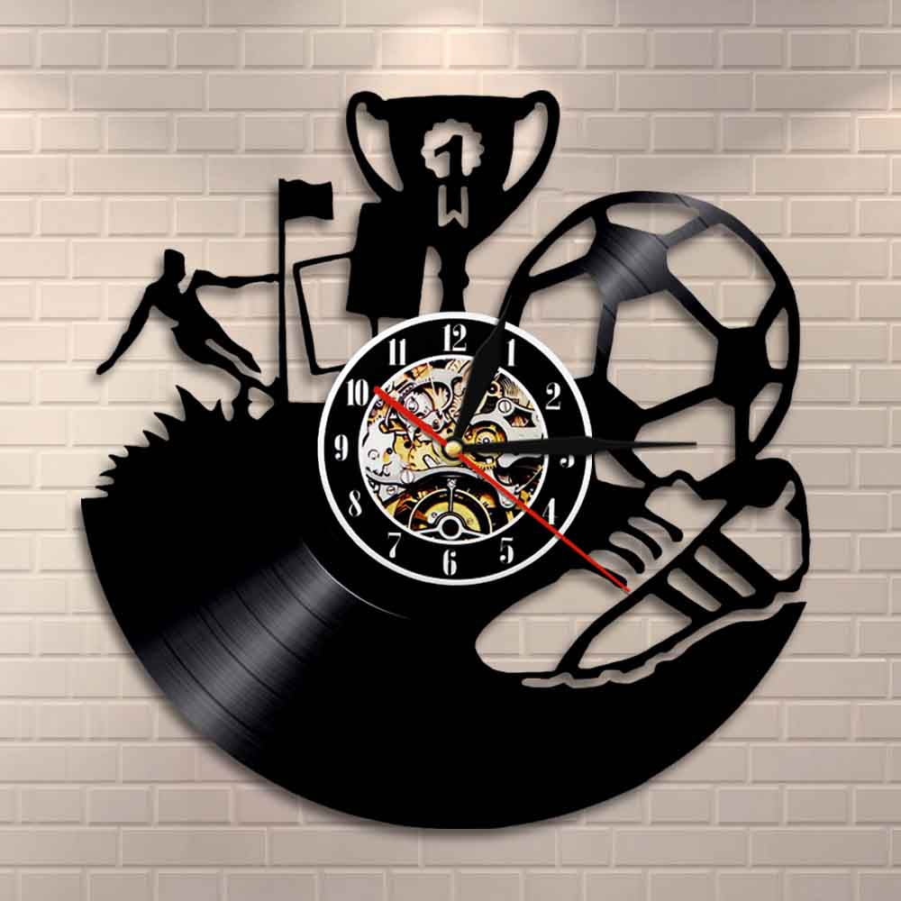 Football Trophy Wall Vinyl Record Clock Soccer Team Champions Sports ...