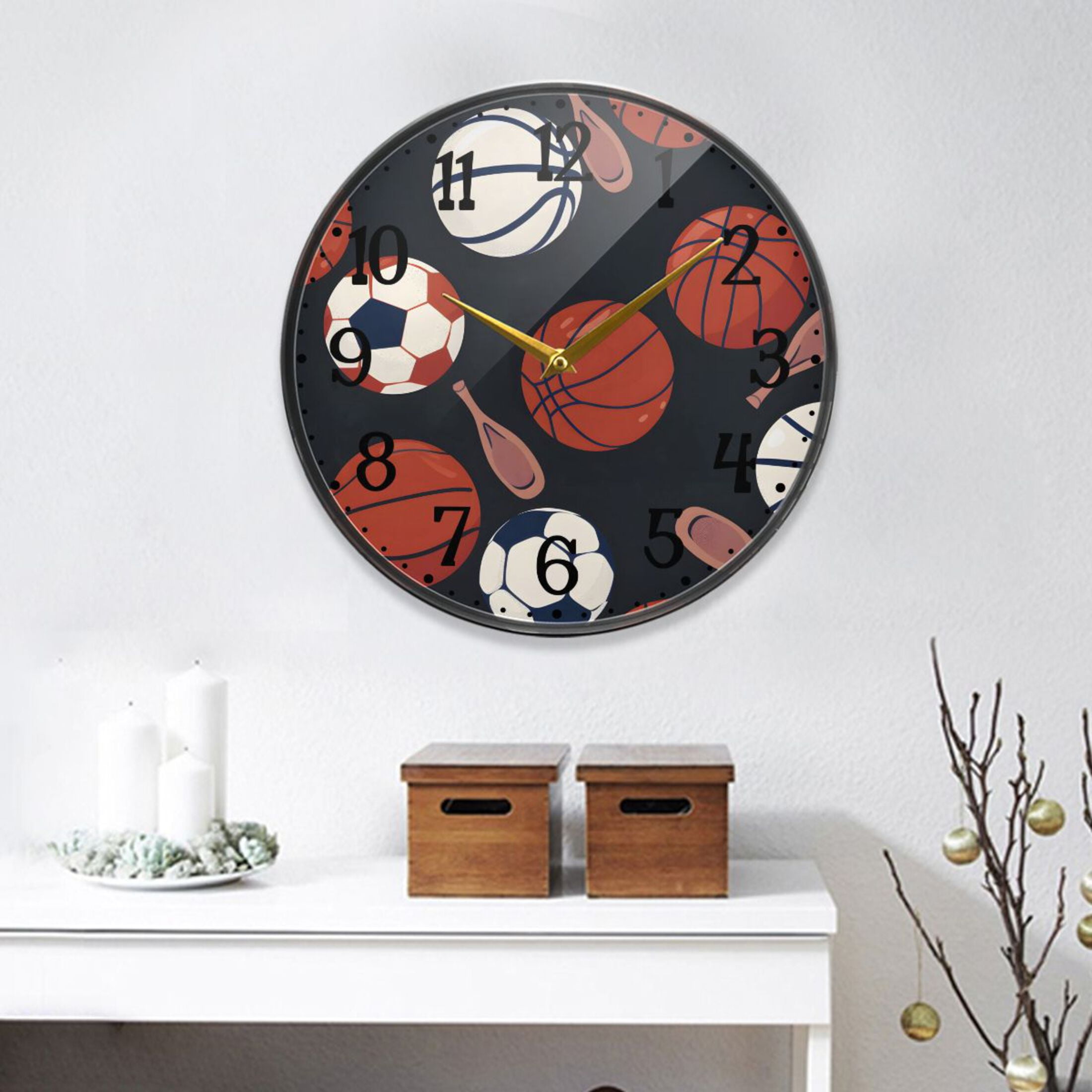Football and Basketball Round Wall Clock 9.5 Inch Non-Ticking Silent ...