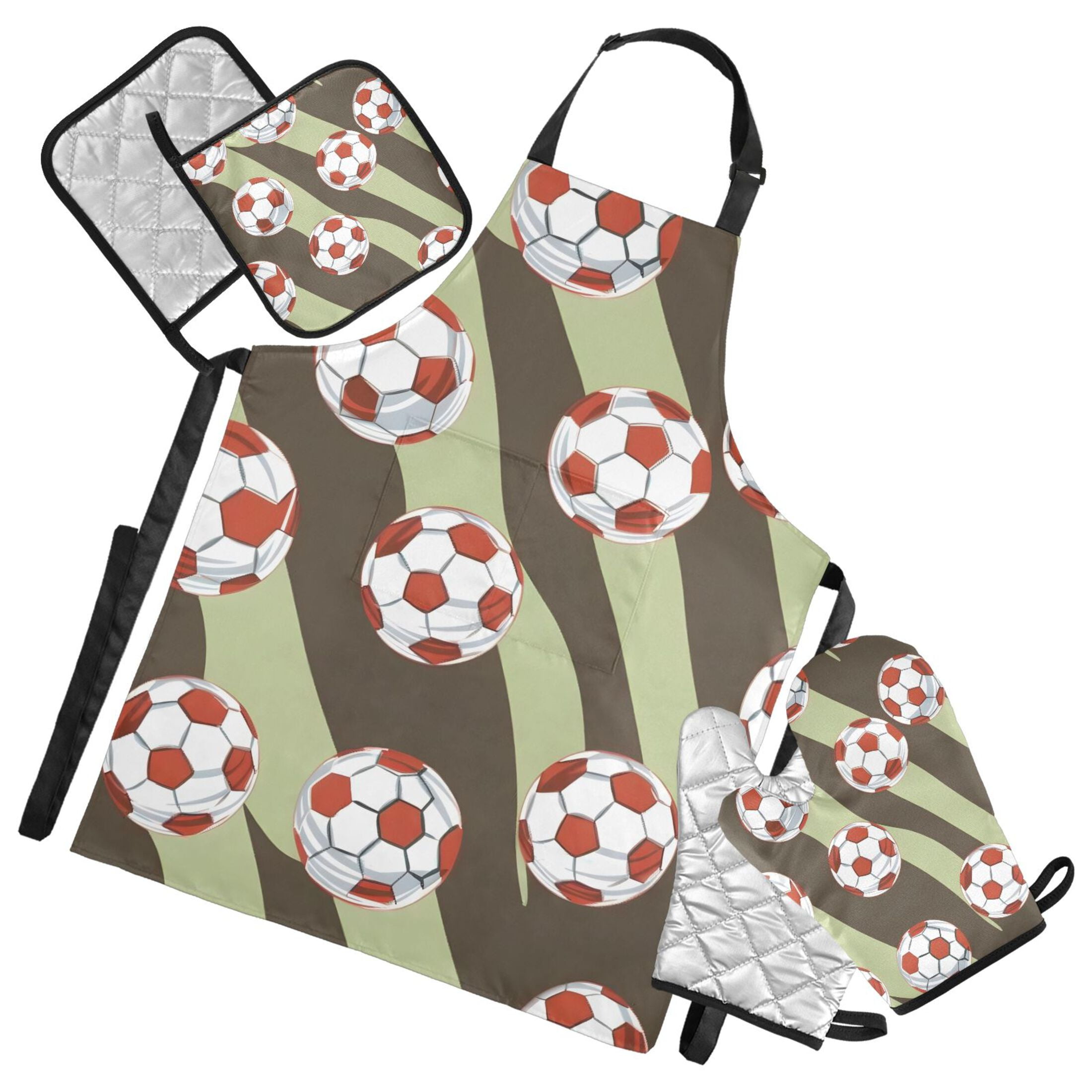 Football and Soccer 5 Pcs Kitchen Set Heat Resistant Oven Mitts and Non ...