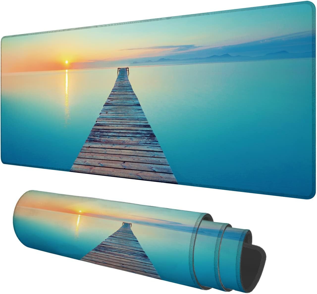 Footbridge Sea Beach Large Mouse Pad,Meditation Journey Sea Yoga Sunset ...