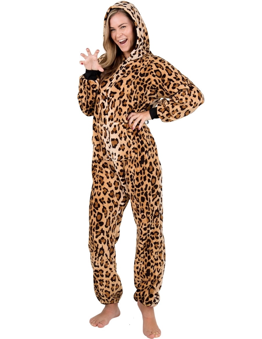 Footed Pajamas - Cheetah Spots Adult Hoodie Footless Chenille One Piece ...