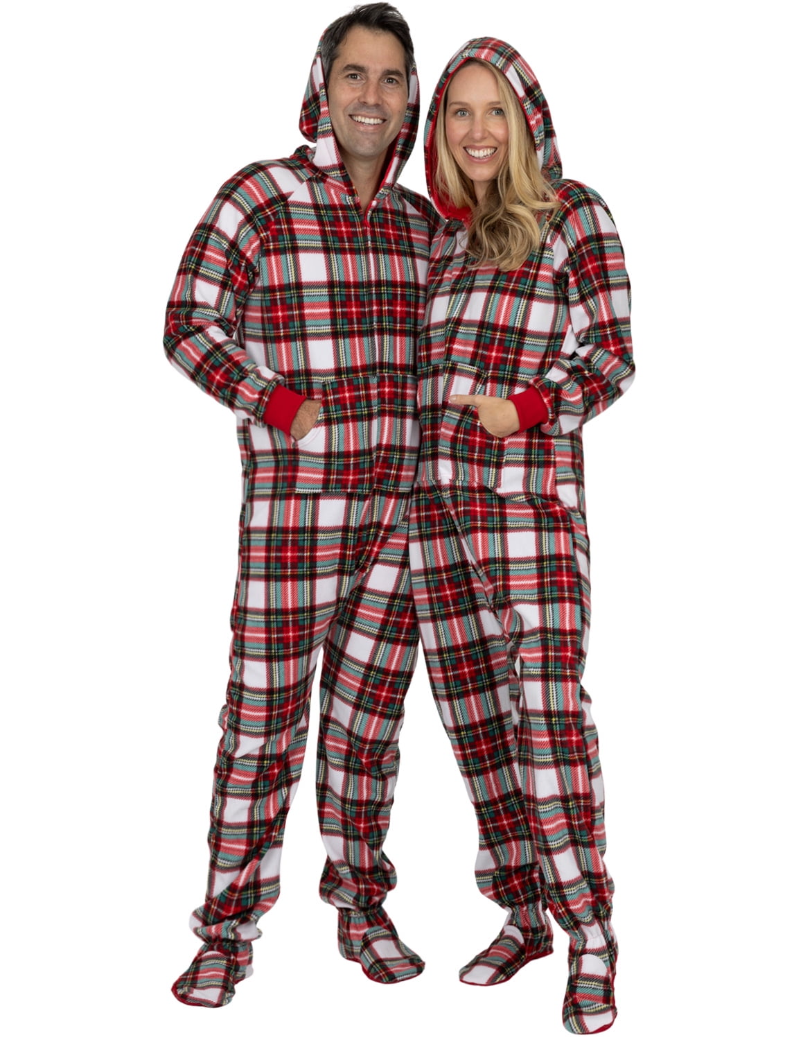 Footed Pajamas Festive Plaid Adult Hoodie Fleece One Piece Adult