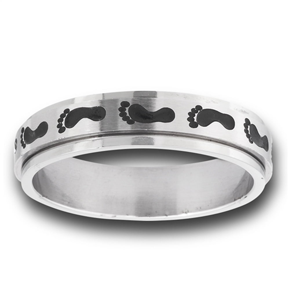 Footprint Baby Feet Spinning Wedding Ring Stainless Steel Band Gray ...