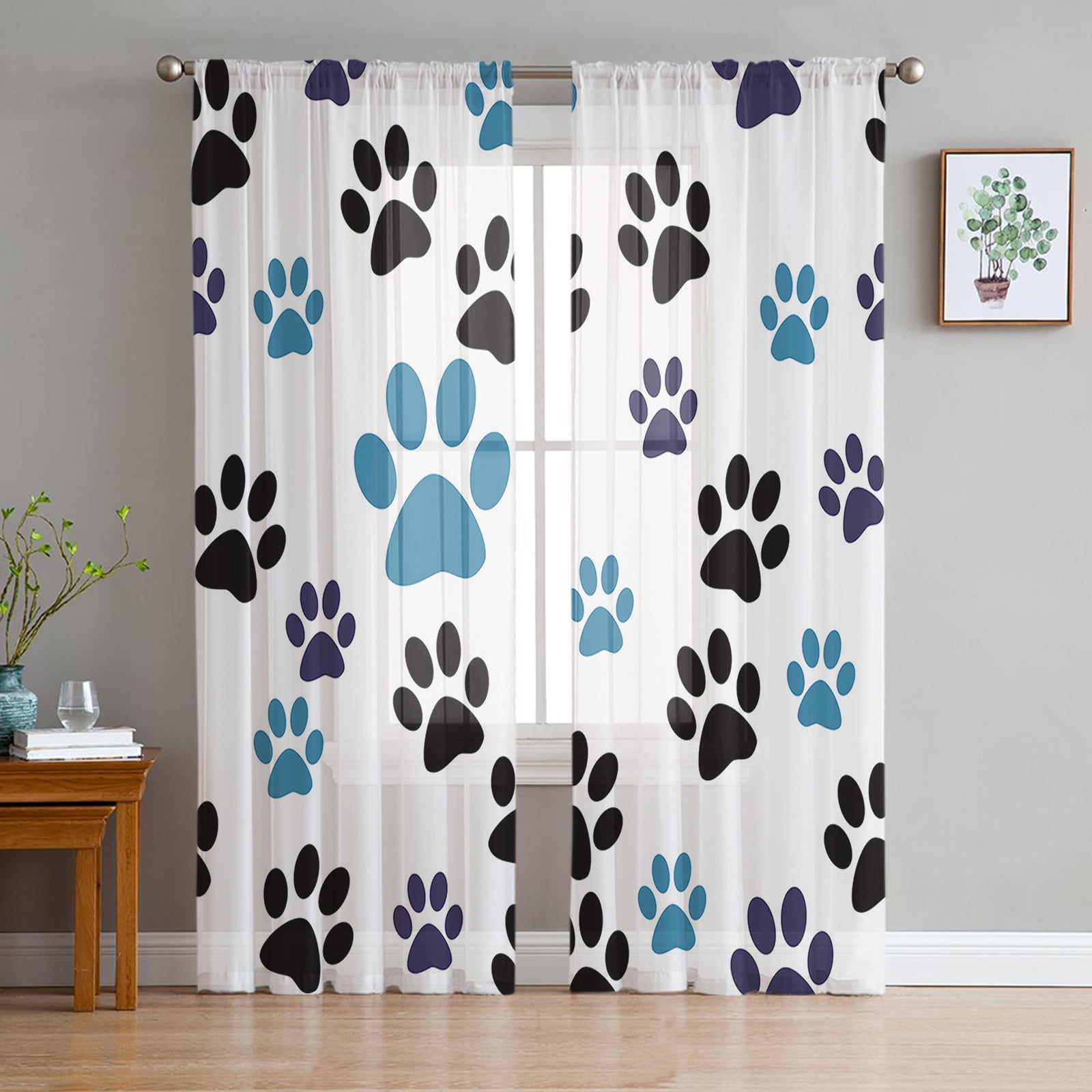 Footprint Dog Paw Pattern Sheer Curtains for Living Room Bedroom Voile ...