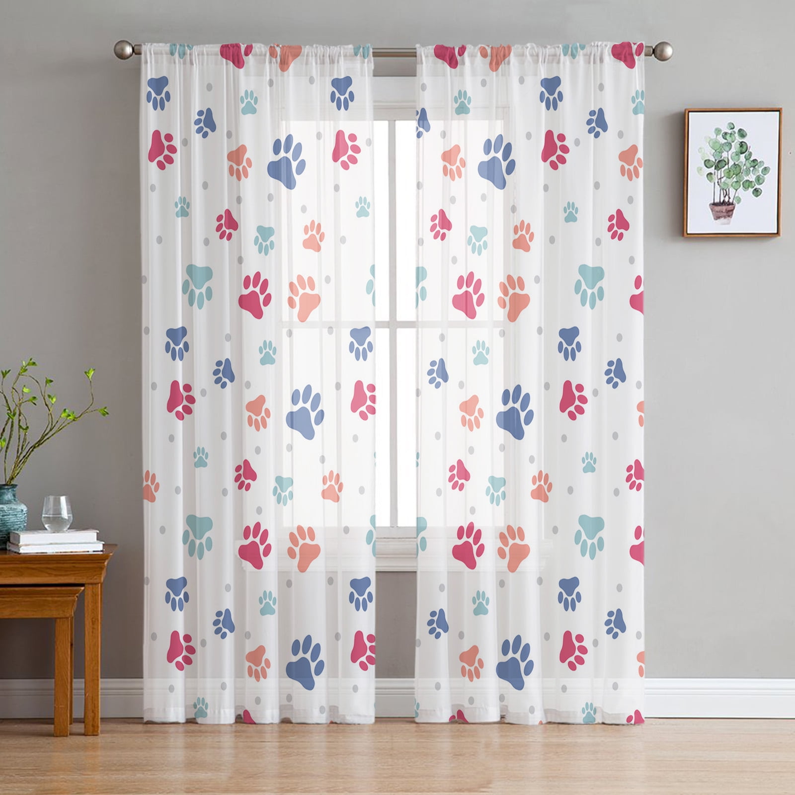 Footprint Dog Paw Pattern Sheer Curtains for Living Room Bedroom Voile ...