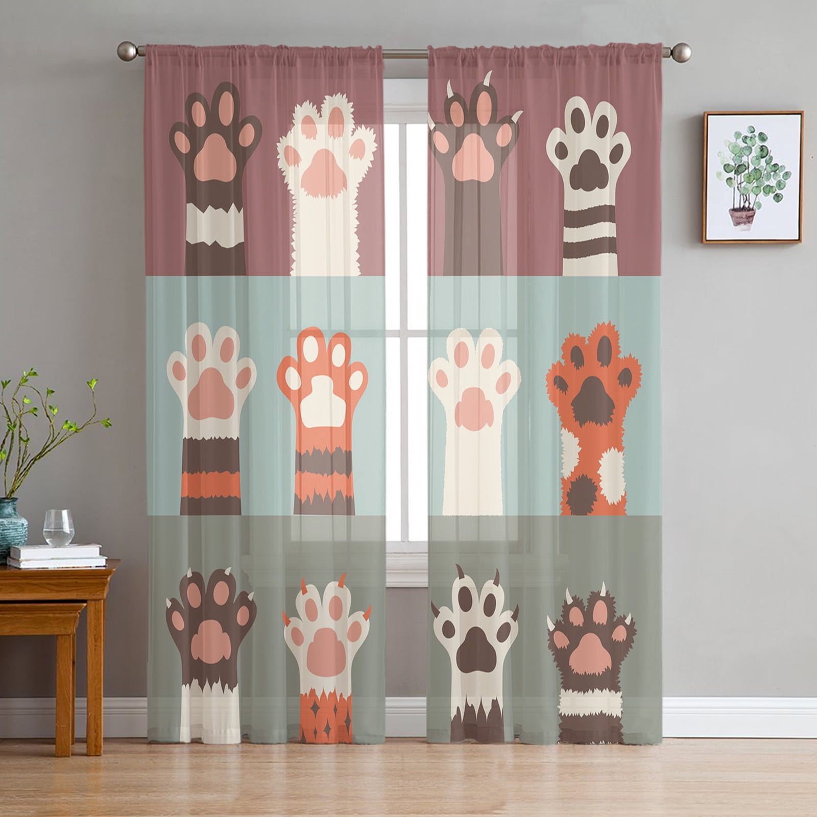 Footprint Dog Paw Pattern Sheer Curtains for Living Room Bedroom Voile ...