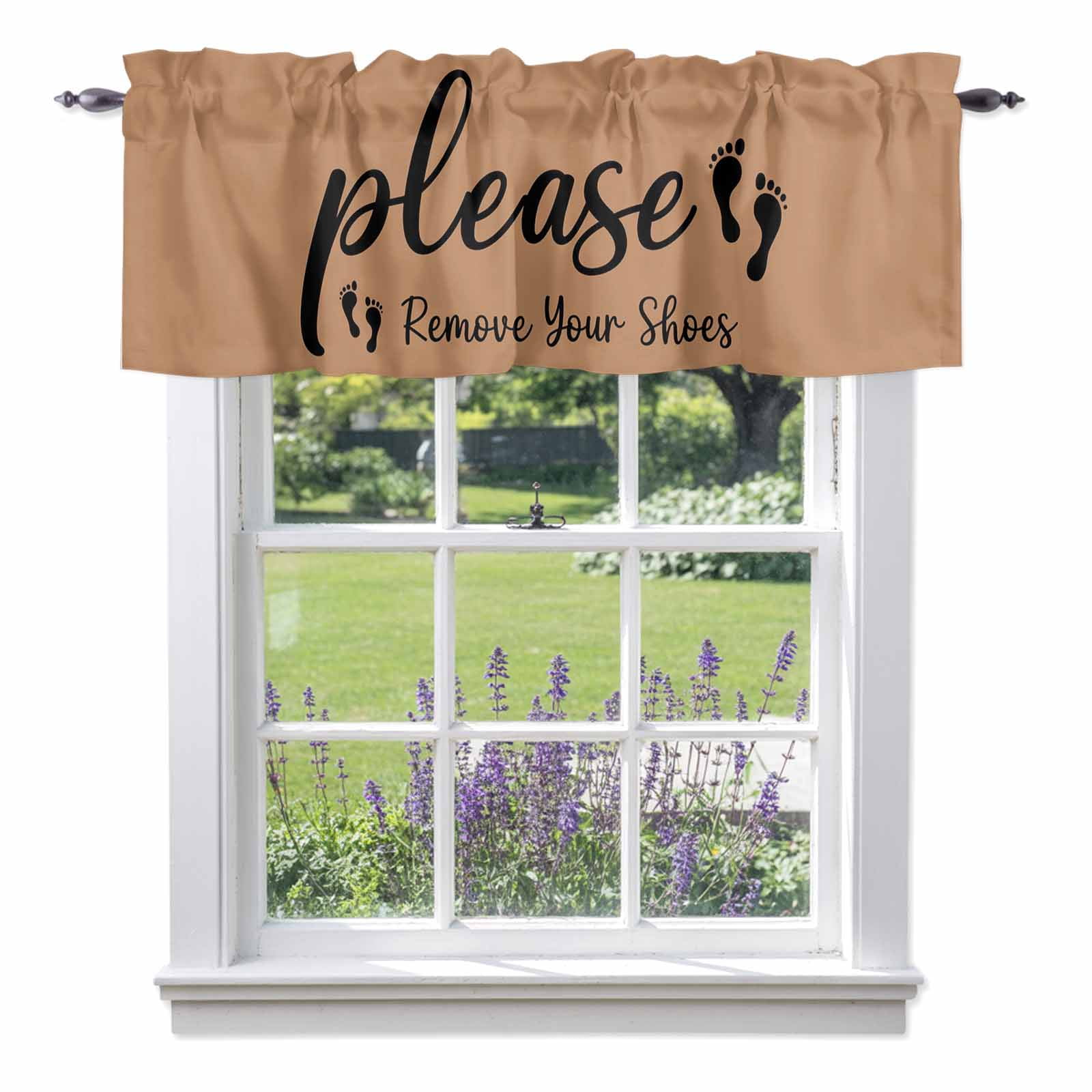 Footprint Text Valances for Windows, Please Remove Your Shoes Brown ...