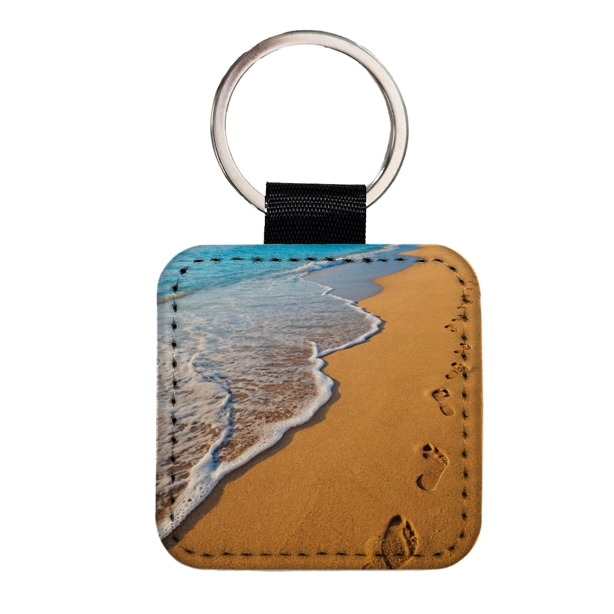 Footprints In The Sand Beach Shore Faux Leather Square Keychain ...