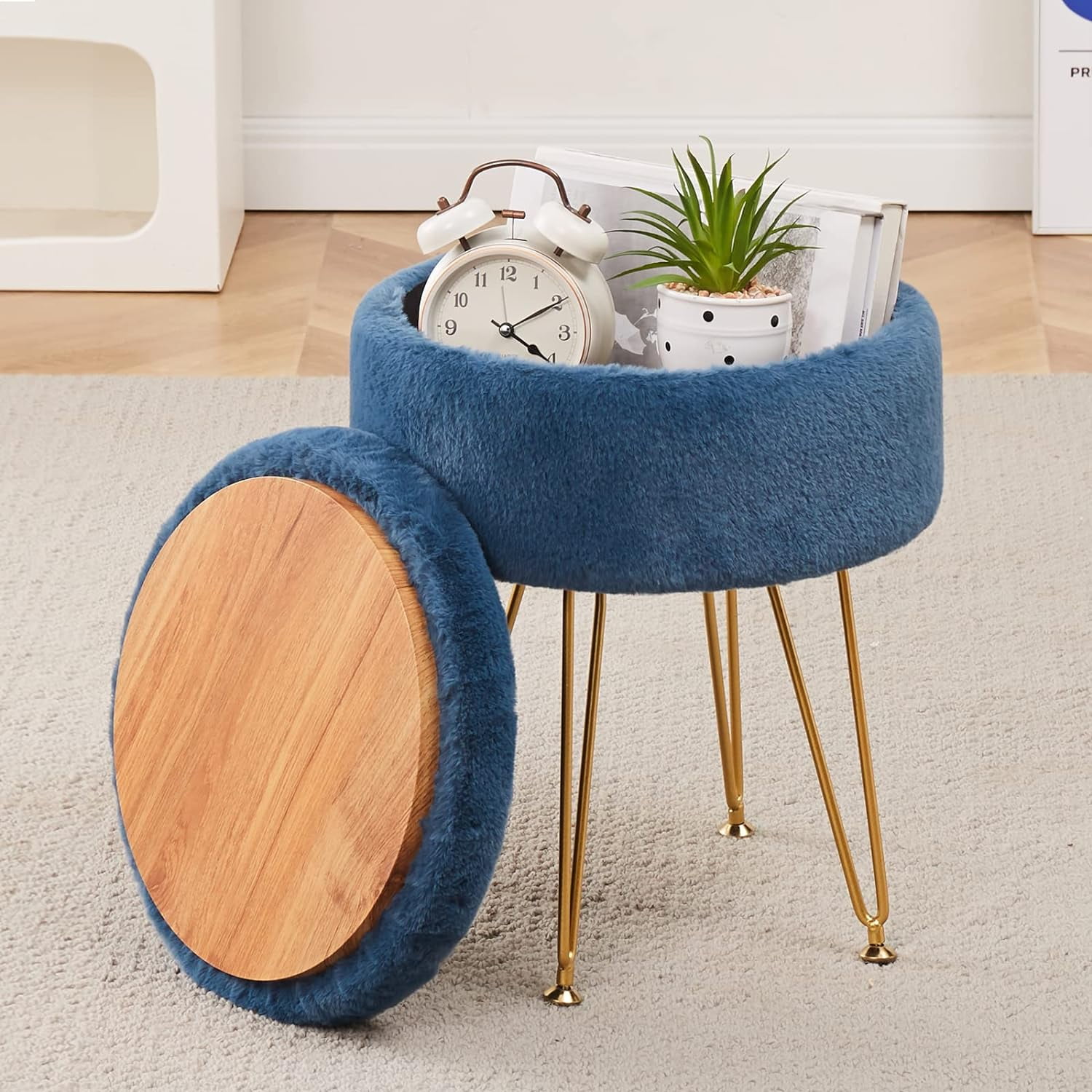 Footrest Footstools Round Faux Fur Ottoman with Storage Space Soft ...