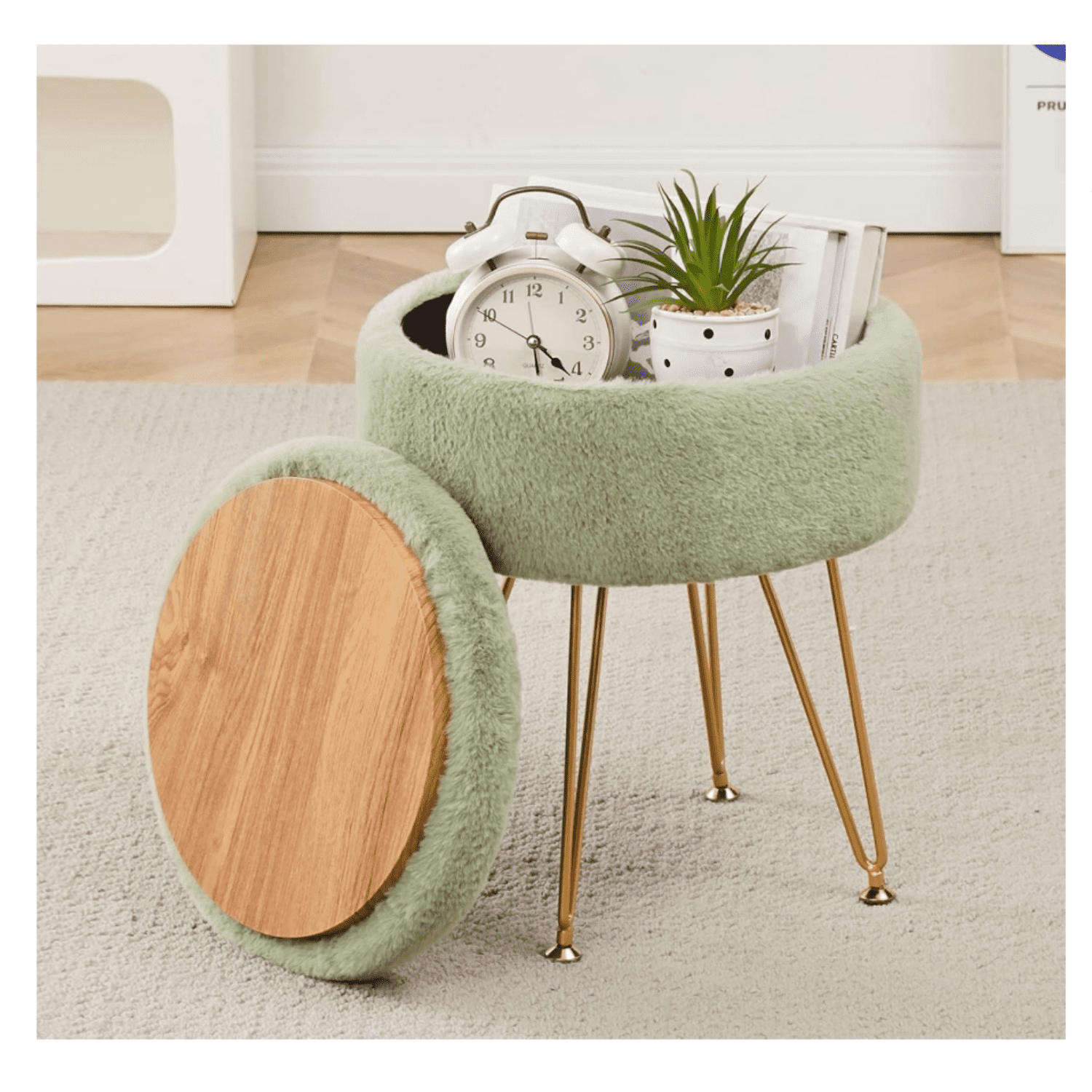 Footrest Footstools Round Faux Fur with Storage Space Soft Vanity Chair ...