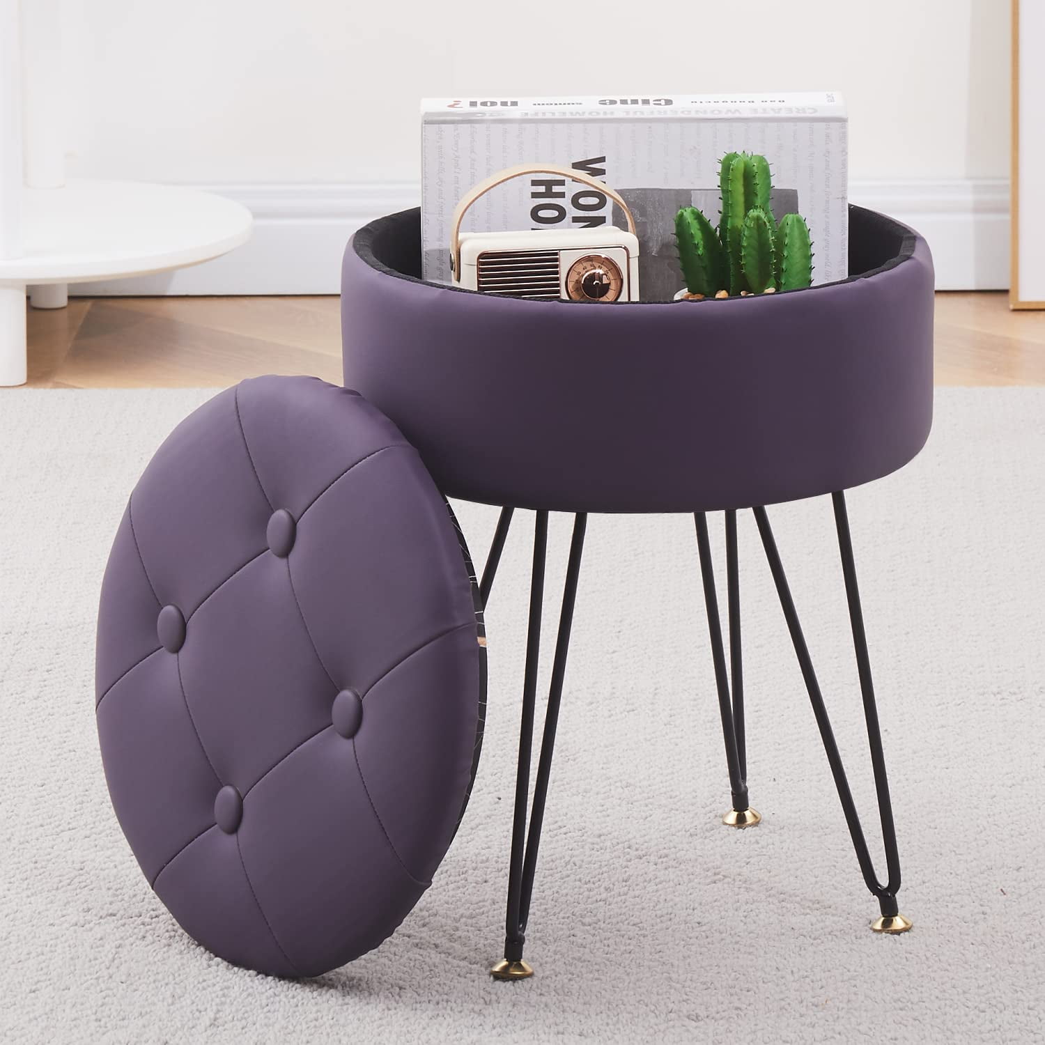 Footrest Footstools Round Faux Leather Ottoman with Storage Space Soft ...