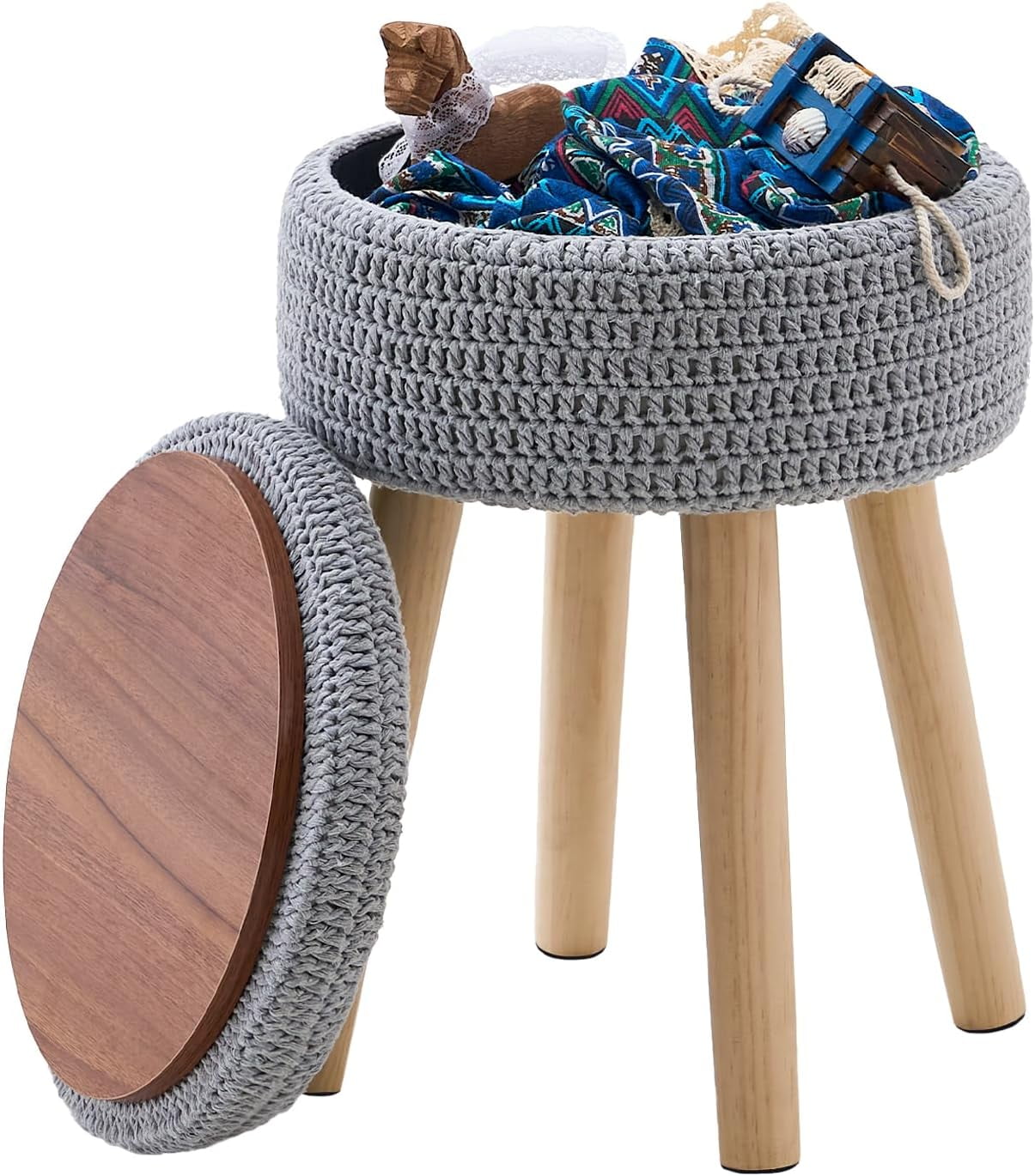 Footstool, Footrest with Non-Skid Wood Legs, Home Décor Handmade Pouffe ...