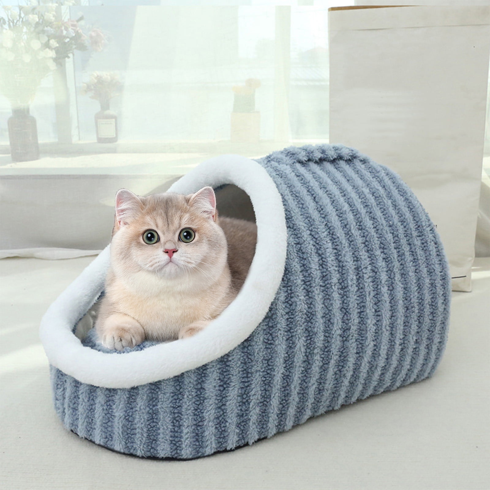 Foqnuq Cats Sleeping Bed Soft Plush Nest Semi-Enclosed Cozy Pet House ...