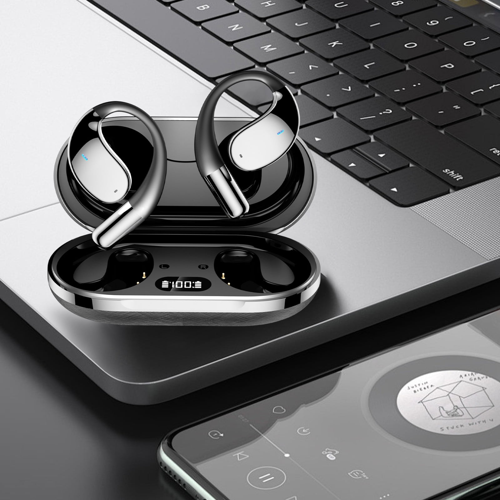 Foqnuq Hanging Ear Bluetooth Earphones 5.4 Wireless Double Microphone ...