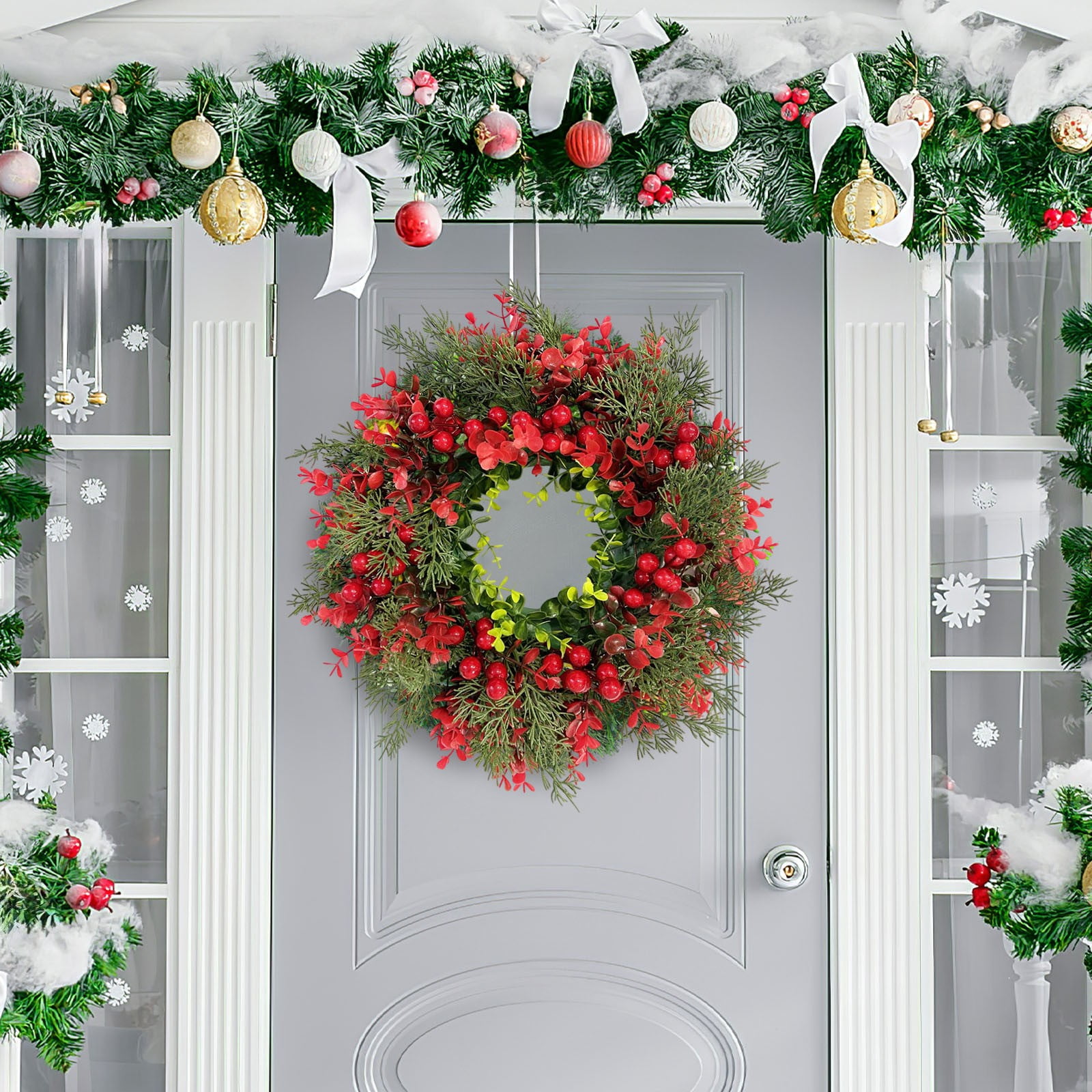Foqnuq Red Fruit Christmas Wreath Faux Eucalyptus Cranberry Door Wreath ...