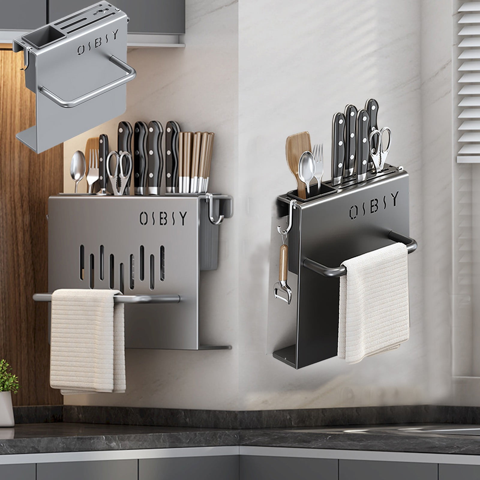 Foqnuq Stainless Steel Kitchen Utensil Hanger with Hooks, Wall Mounted ...