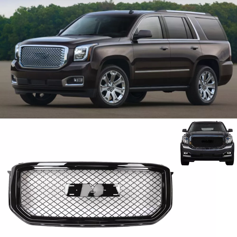 For 15-18 GMC Yukon XL Mesh Front Bumper Hood Upper Grille Gloss Black ...