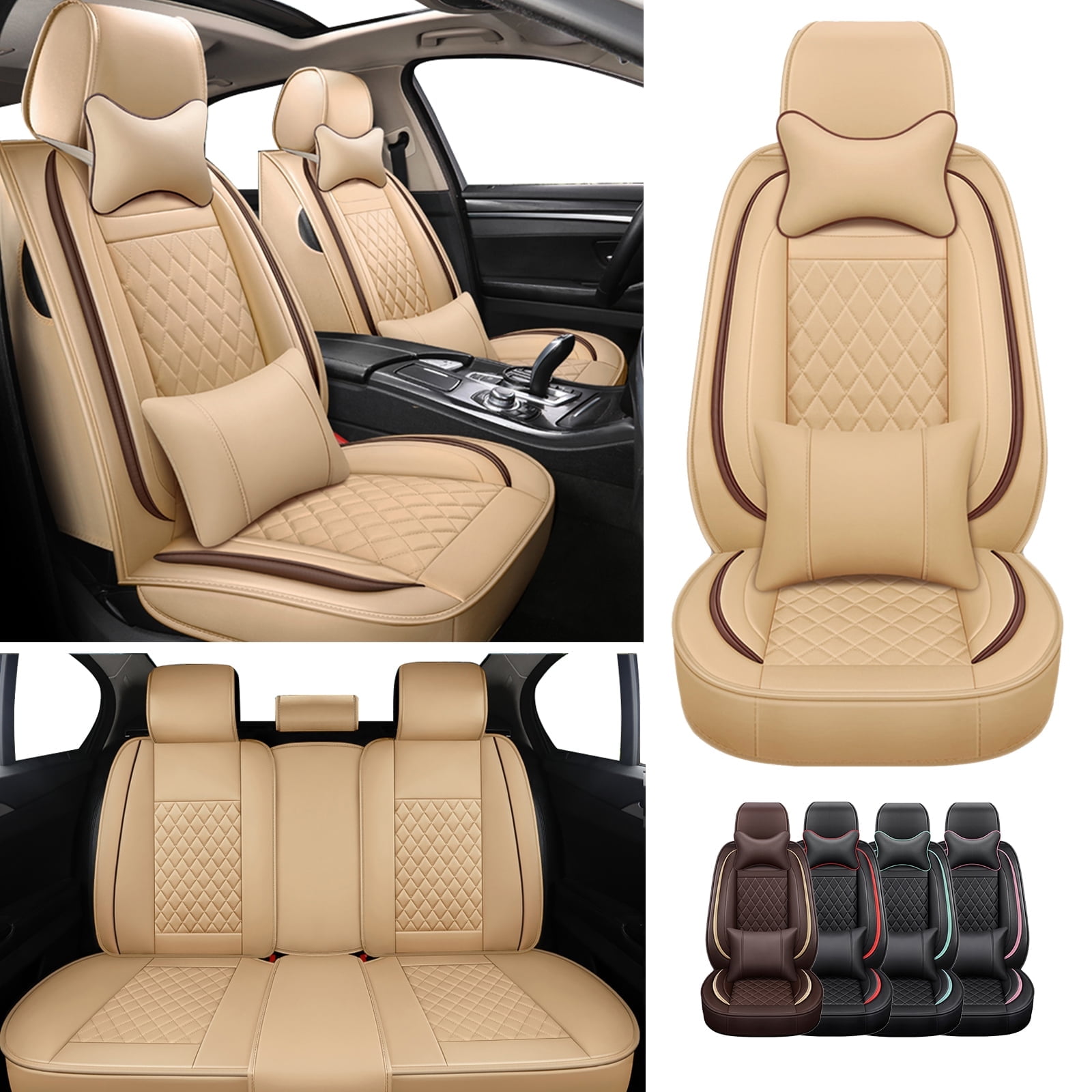 For 2000 2024 Hyundai Elantra Car 5 Seat Covers Full Set w 4 Pillows Luxury PU Leather Cushion Protector Waterproof Beige Walmart