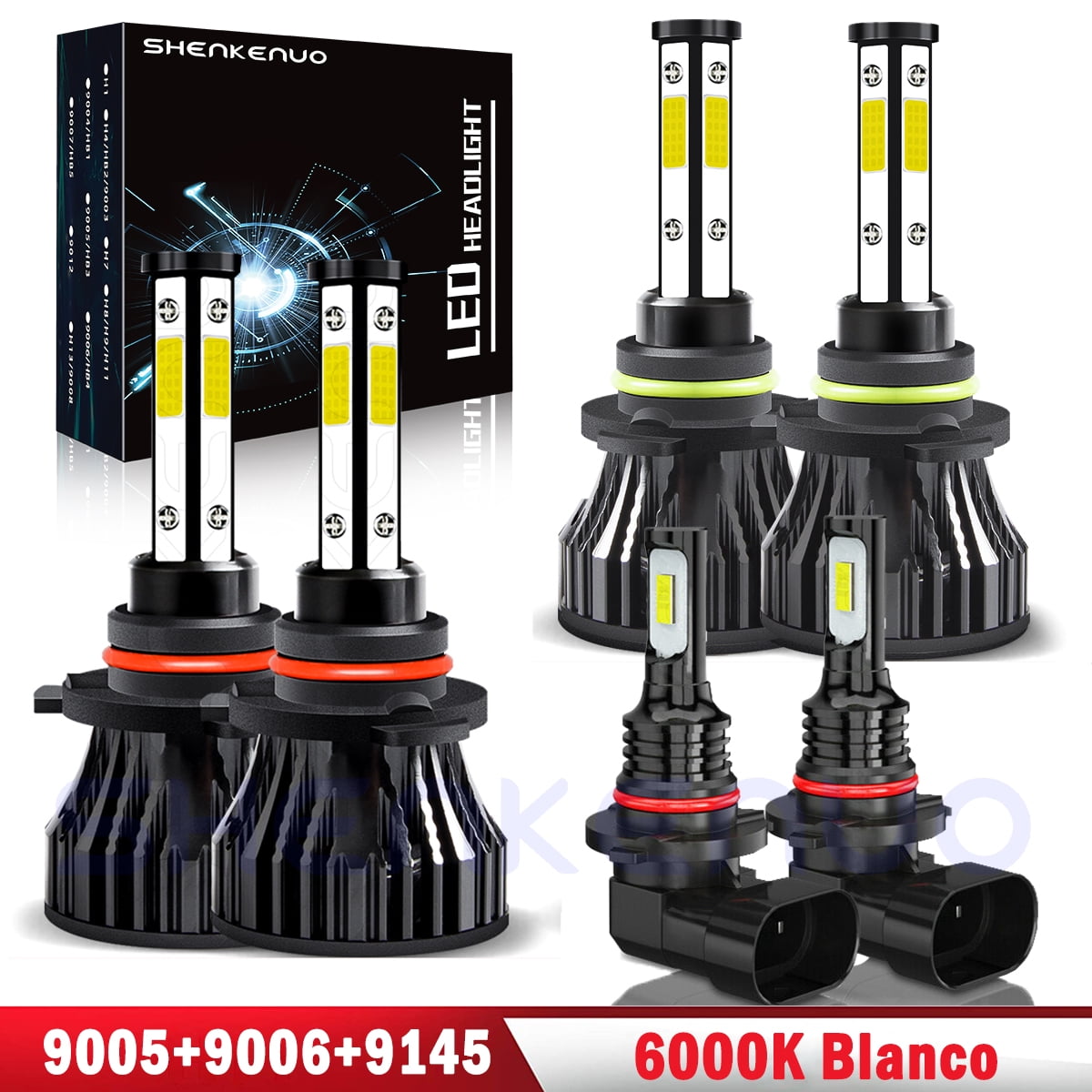 SHENKENUO LED Headlight Bulbs, 9005 9006 High Low Beam, 9145 Fog Lights, 6000K White, IP68 ...