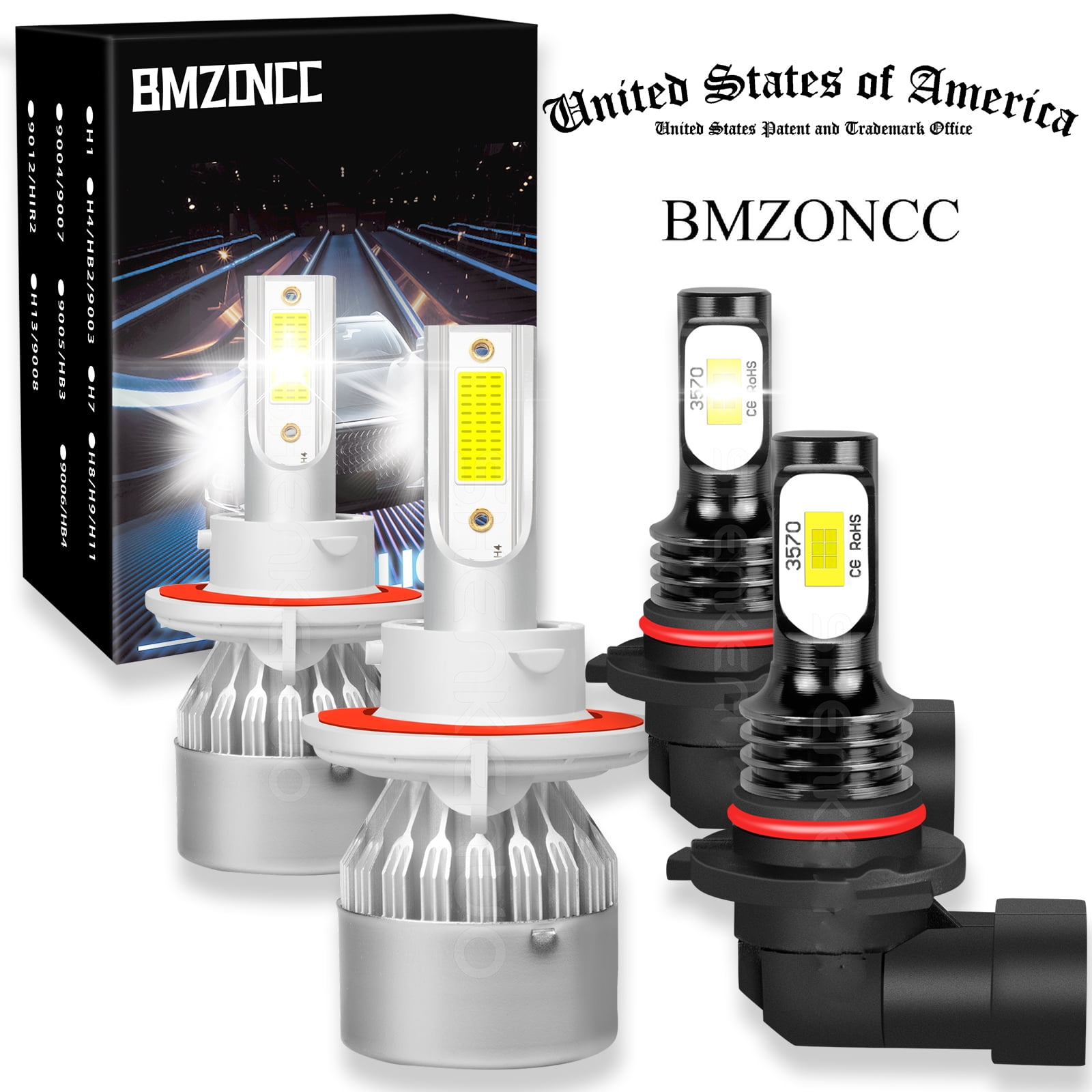 BMZONCC LED Headlight and Fog Light Bulbs, 6000K White, H13 Hi/Lo Beam ...