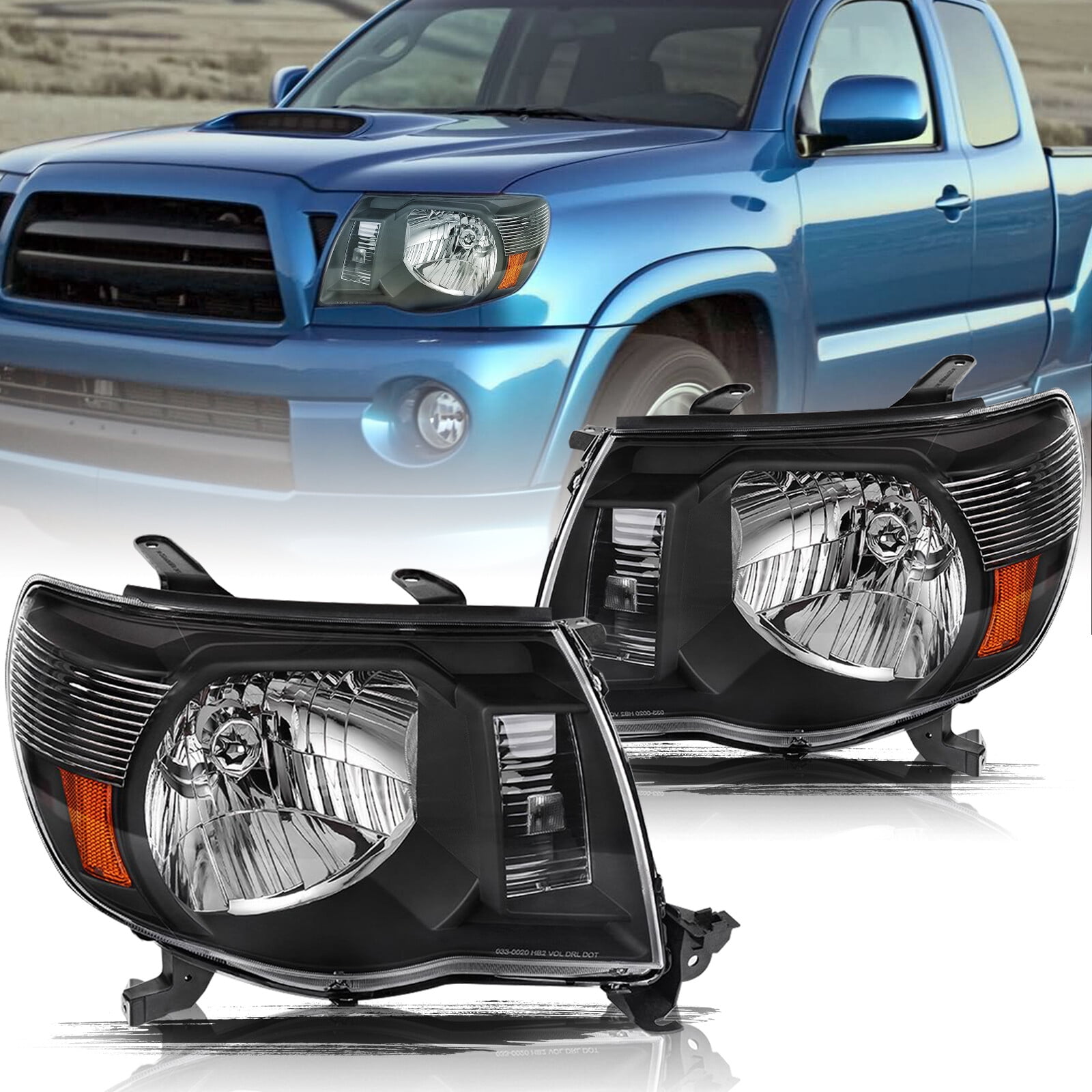 For 2005-2011 Toyota Tacoma Halogen Black Headlights Amber Corner ...