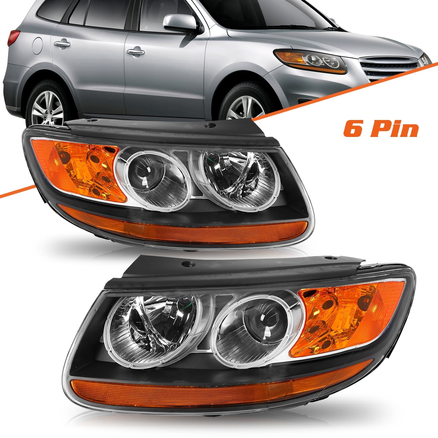 For 2007-2012 Hyundai Santa Fe 6pin Halogen 2pcs Headlights Black Amber ...