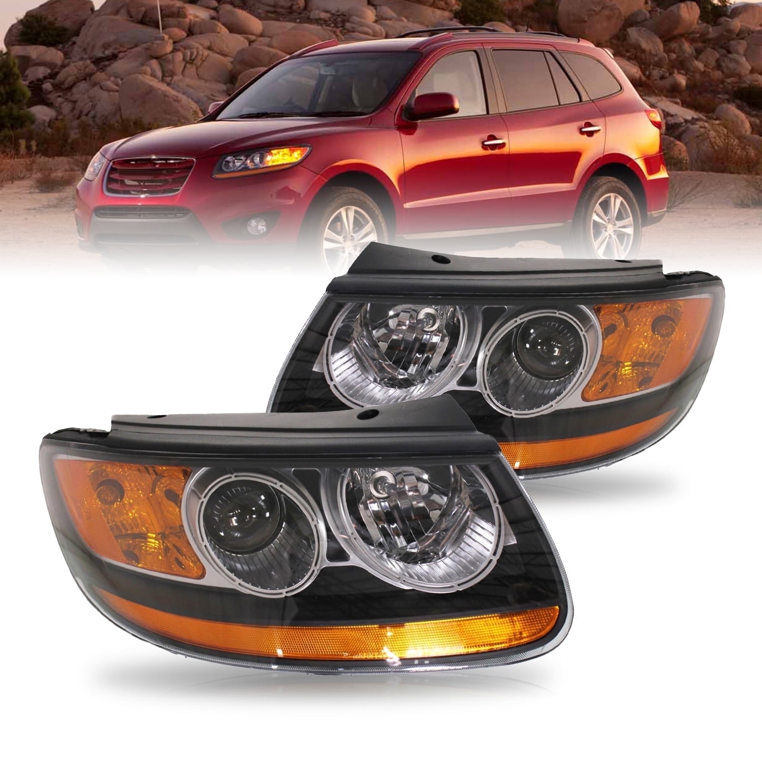 For 2007-2012 Hyundai Santa Fe 6pin Halogen 2pcs Headlights Black Amber Headlamps Assembly 07-12 ...