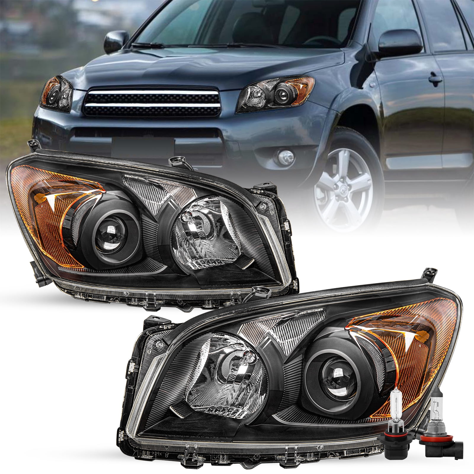 For 2009-2012 Toyota RAV4 Black Headlights Assembly Amber Corner Lamp w ...