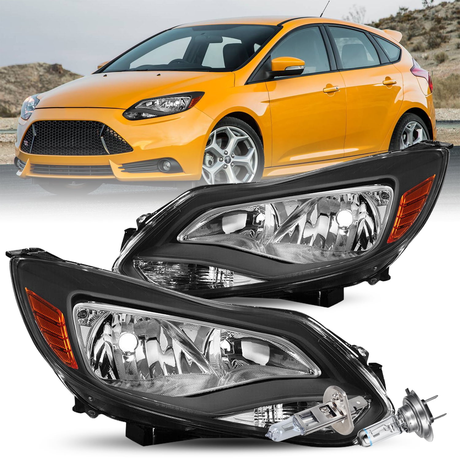 For 2012 2013 2014 Ford Focus Black Headlights Headlamps Assembly Pair ...
