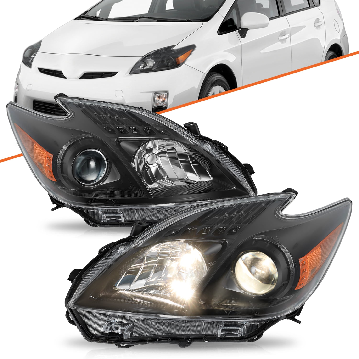 For 2012-2015 Toyota Prius Headlights Black Amber Headlamps Halogen ...