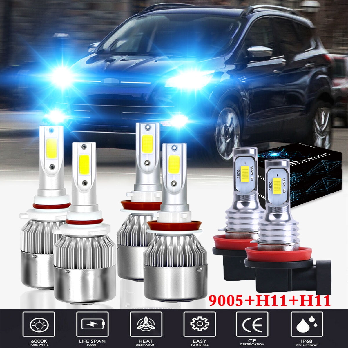 For 2013-2016 Ford Escape 8000K Ice Blue Headlights 9005 H11 LED High ...